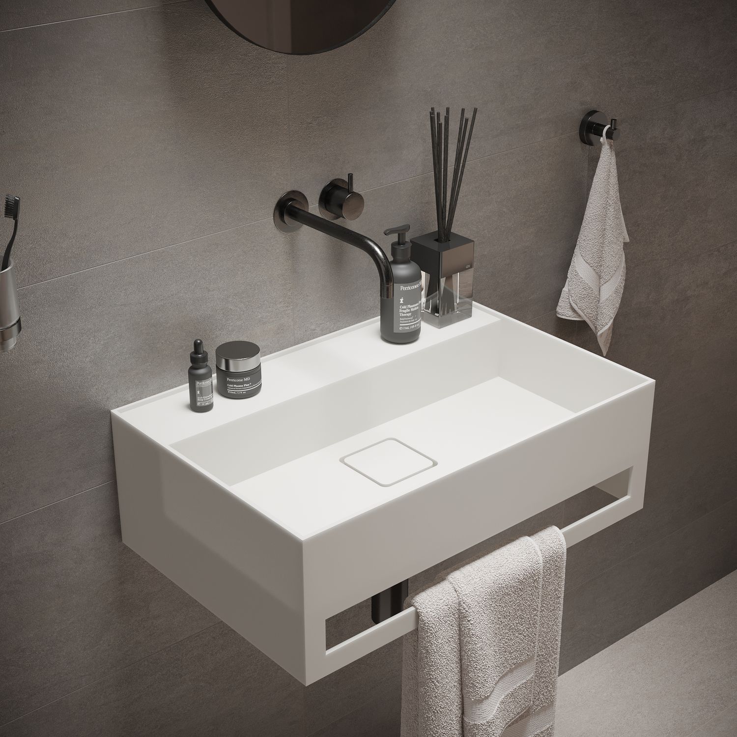 Lavabo suspendido - 290309 SOLIDBLISS-60TB - IDEAVIT B.V - de mineral compuesto / con toallero ...