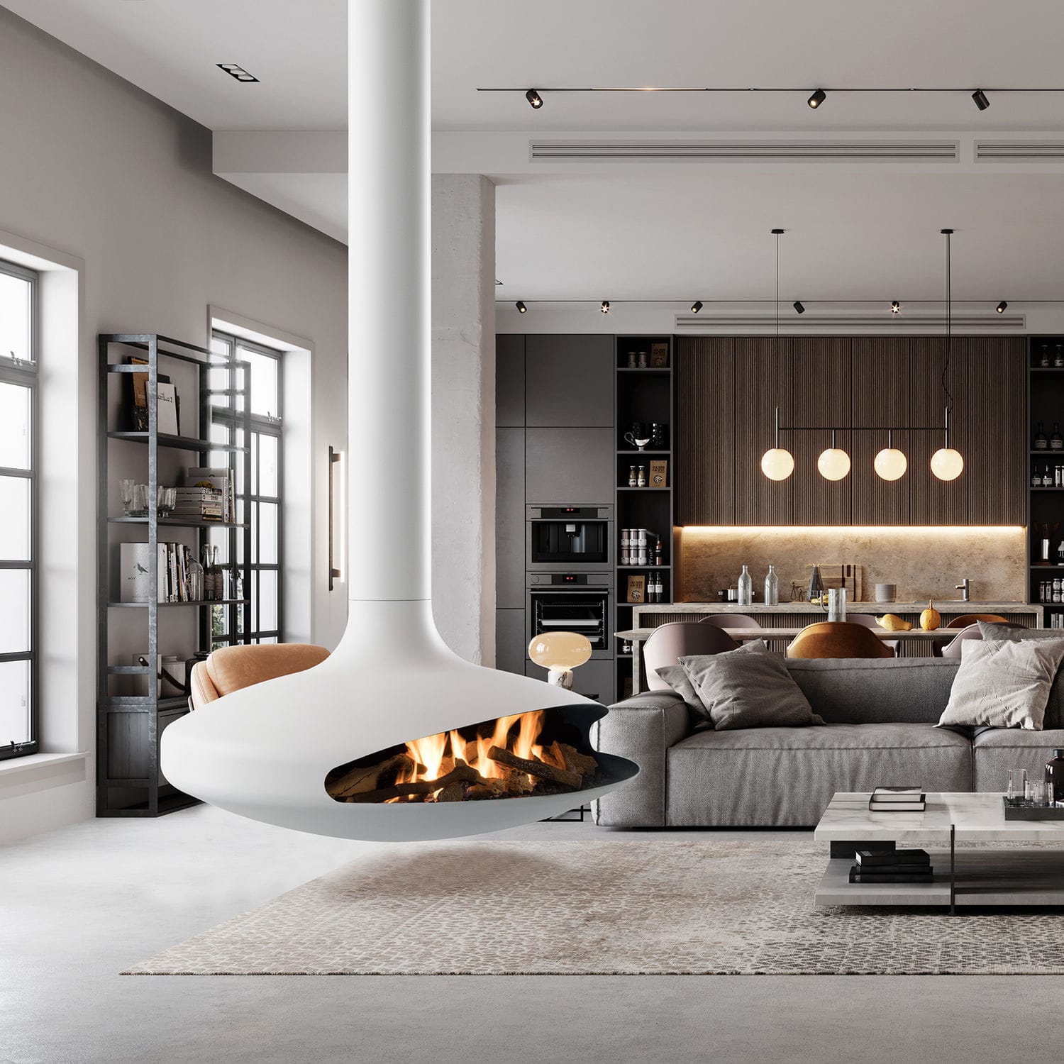 Chimenea de gas - GYROFOCUS - Focus Creation - suspendida / central / hogar abierto