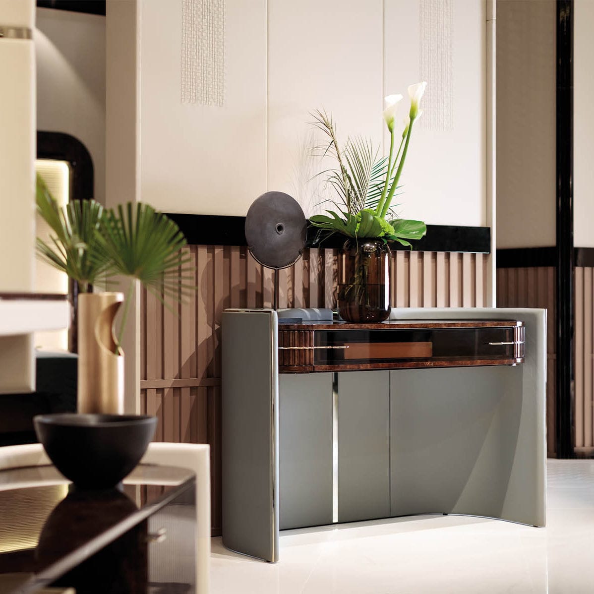 Consola contemporánea - Eclipse - TURRI - de madera barnizada brillante / de bronce / con base ...