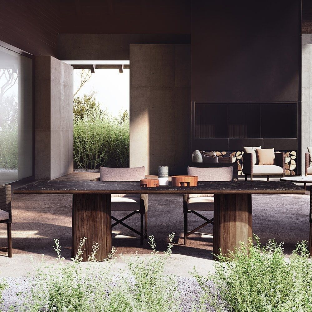 Mesa de comedor contemporánea - Giro - KETTAL - de cerámica / con base de teca / rectangular