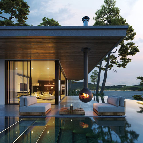 Chimenea de leña - BATHYSCAFOCUS - Focus Creation - suspendida / central / de exterior