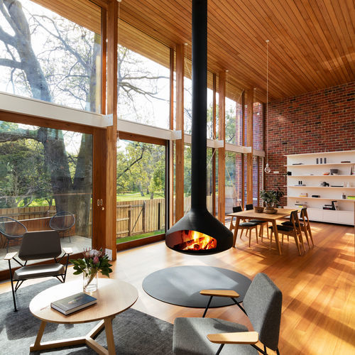 Chimenea de leña - ERGOFOCUS - Focus Creation - suspendida / central / hogar abierto